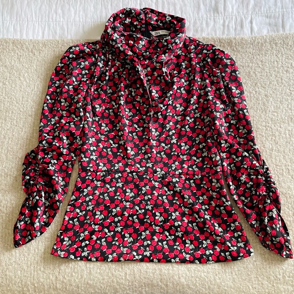 Zara | Tops | Zara Satin Rose Floral Print Blouse | Poshmark